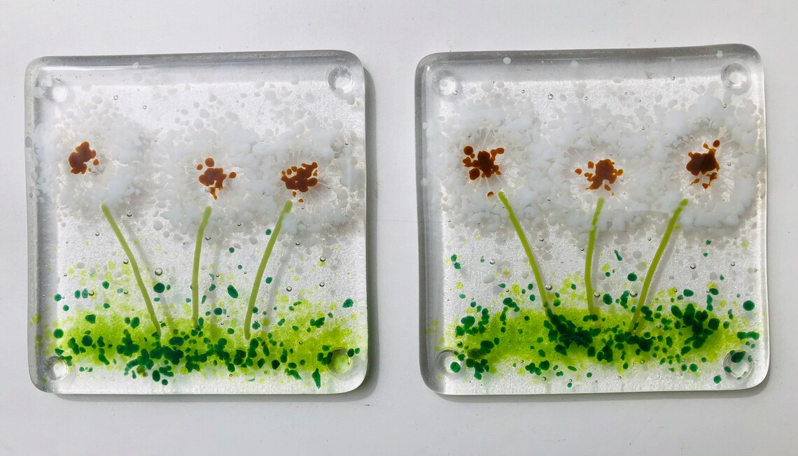 Dandelion clock Coasters/ Wildflower Coasters/fused glass | Etsy