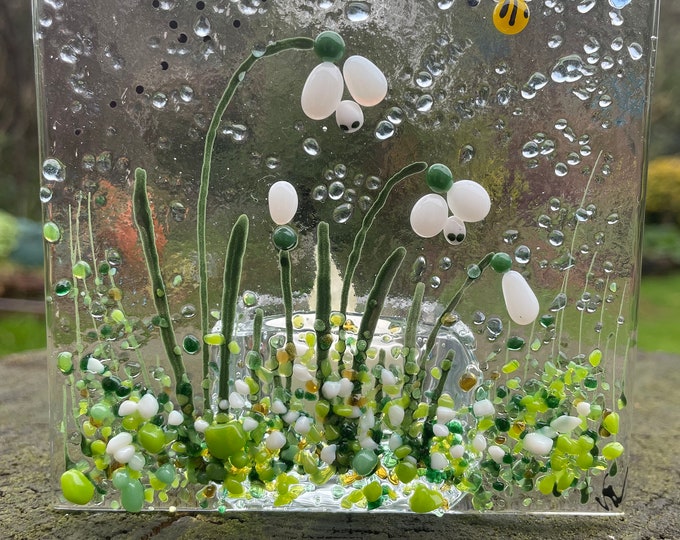 Fused Glass Snowdrops in the Snow Scene Free Standing Picture Sculpture ...