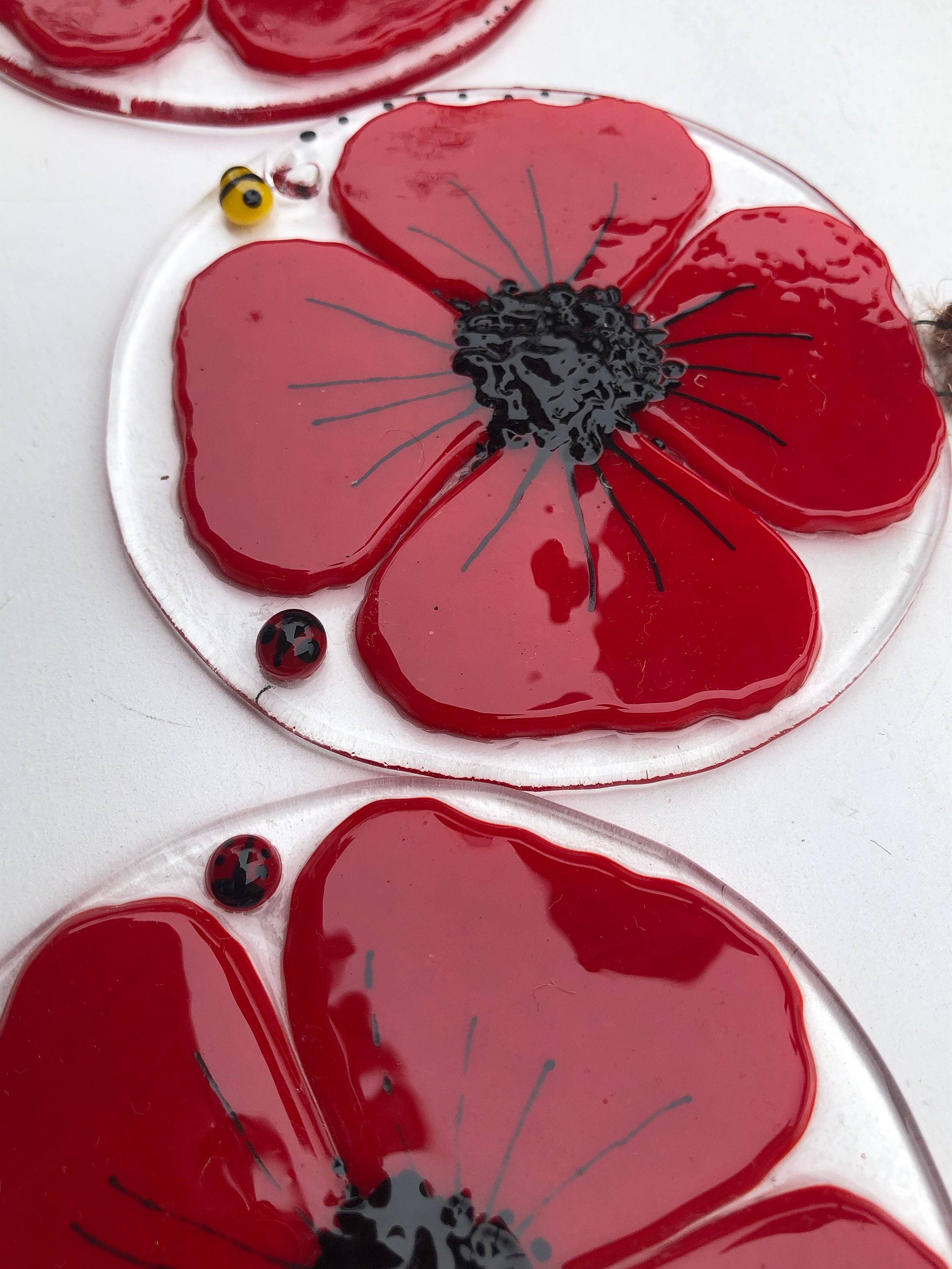 Fused glass poppy hanger/poppy flower hanging/round fused | Etsy