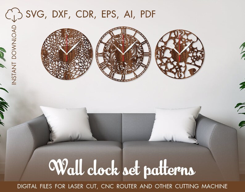 Set Wood Wall Clocks SVG, Clock Party, Cutting Model, Clock Laser Cut ...