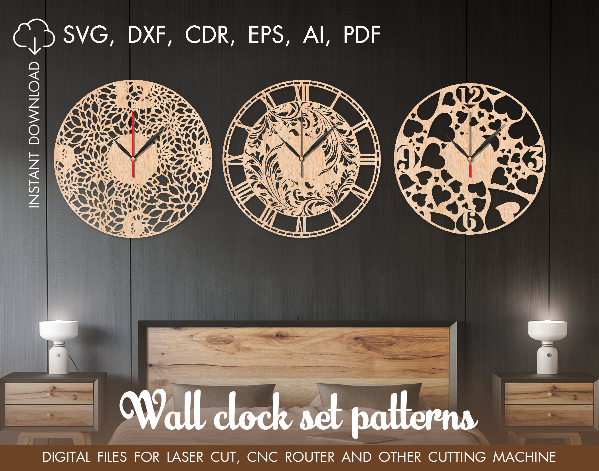 Set Wood Wall Clocks SVG, Clock Party, Cutting Model, Clock Laser Cut ...