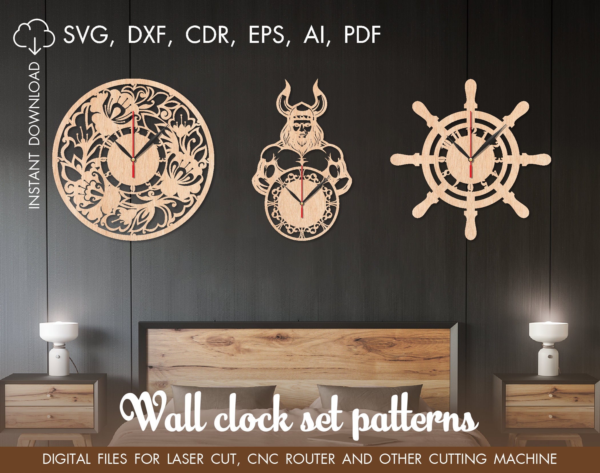 Set of 3 Wall Clocks Svg, Large Clock, Cutting Model, Clock Laser Cut ...