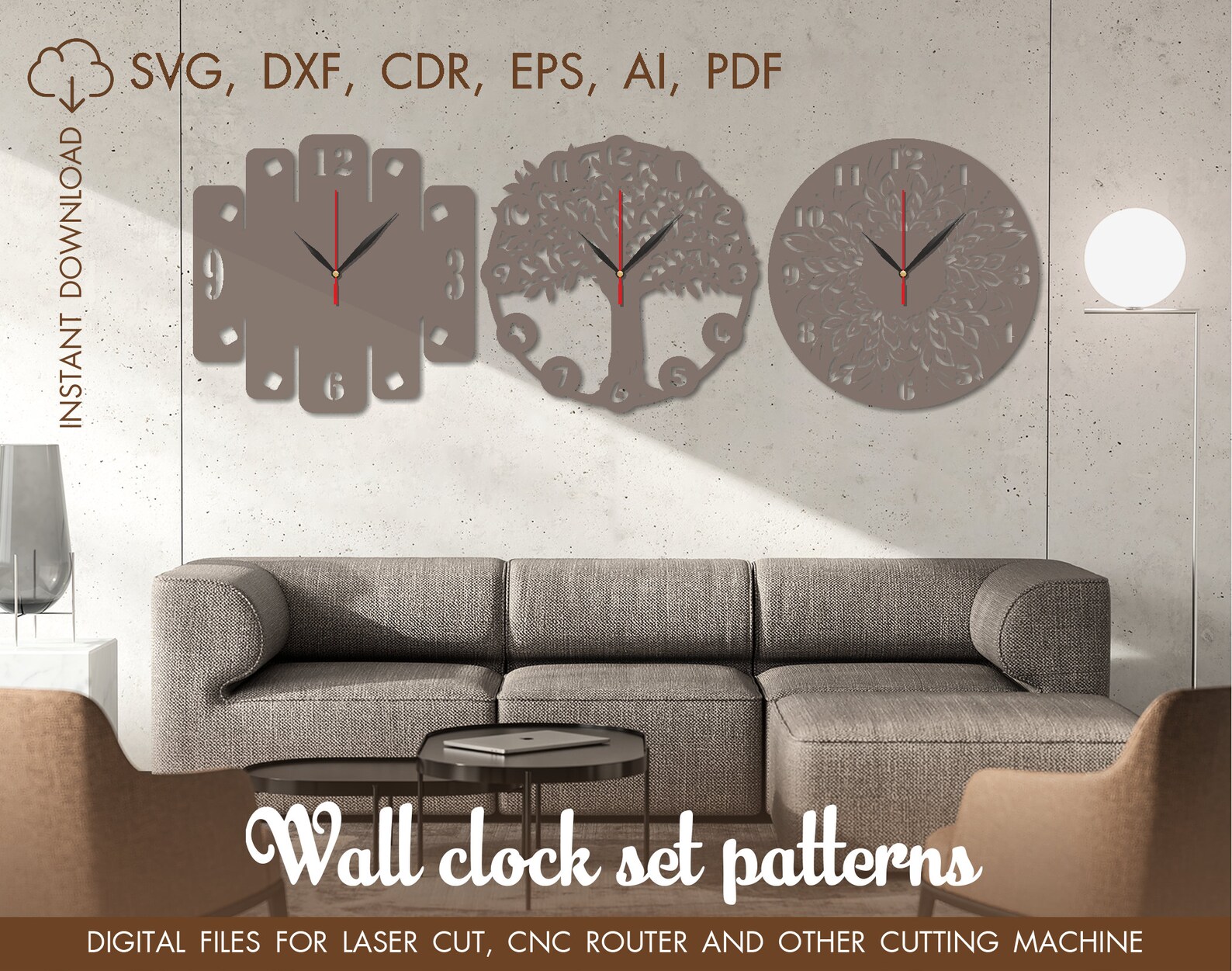 Set Wall Clocks SVG Large Clock Cutting Model Clock Laser | Etsy