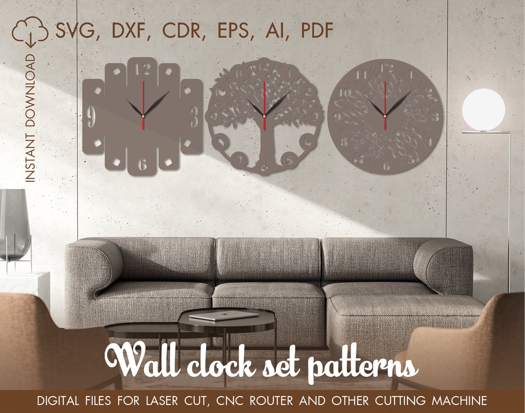 Set Wall Clocks SVG, Large Clock, Cutting Model, Clock Laser Cut ...