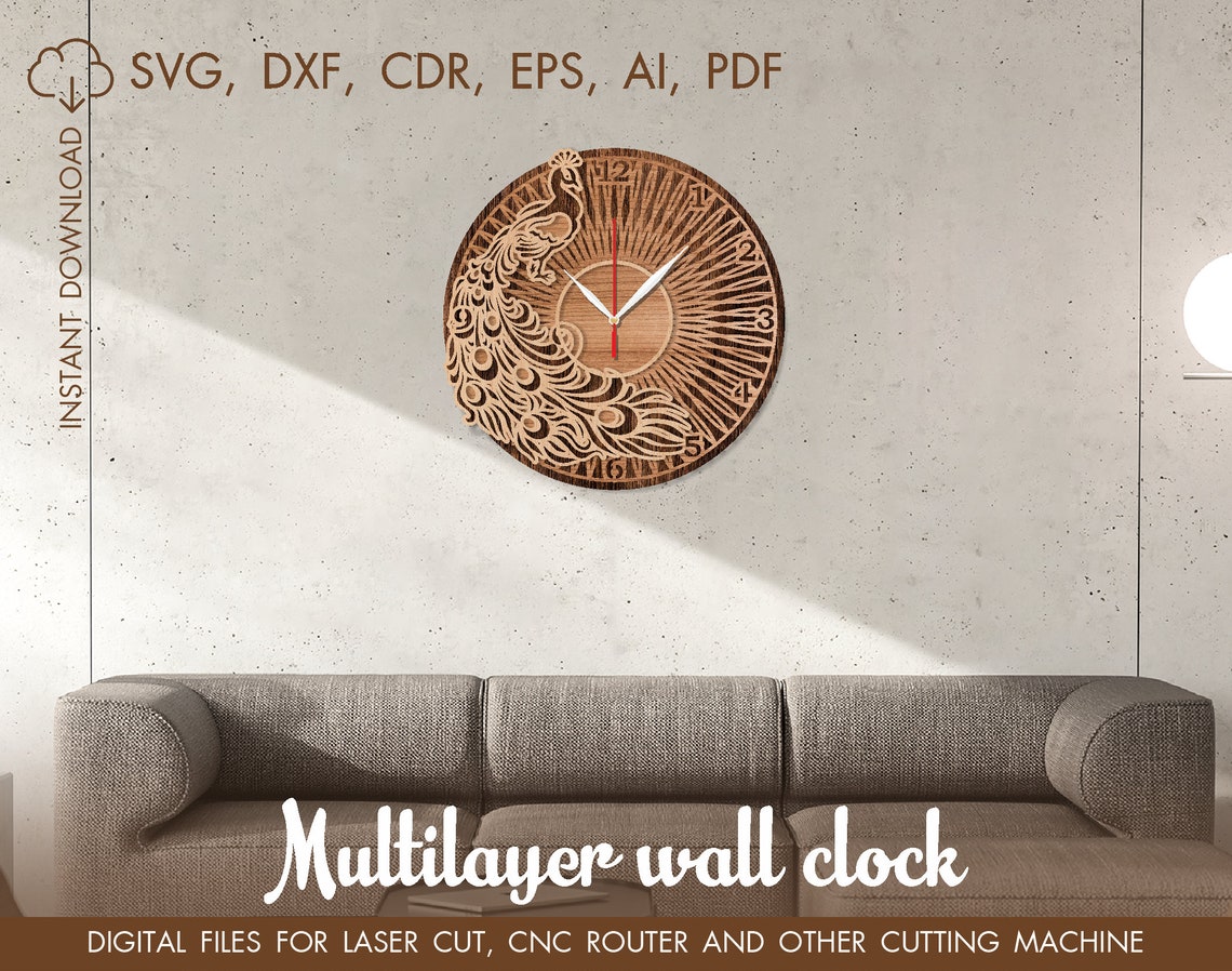 Peacock Wall Clock Dxf Large Clock Cutting Model Clock - Etsy
