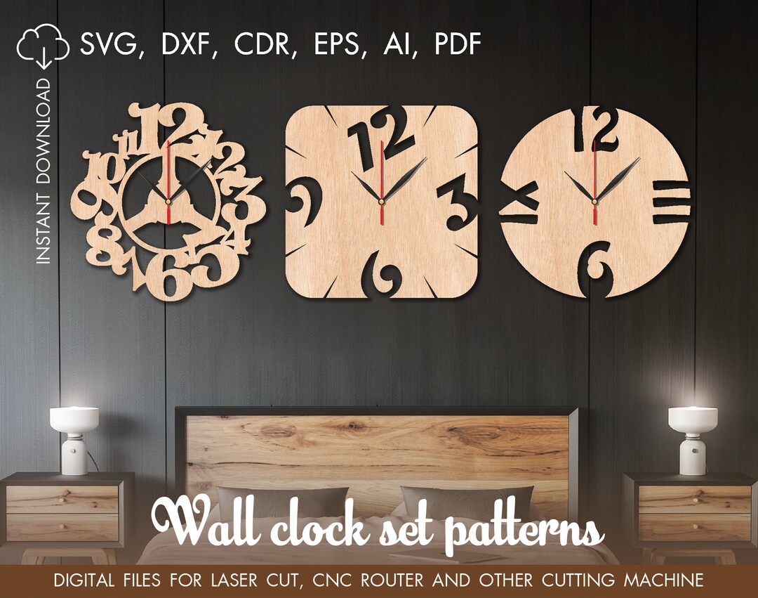 Set of 3 Wall Clock Svg, Large Clock, Cutting Model, Clock Laser Cut ...