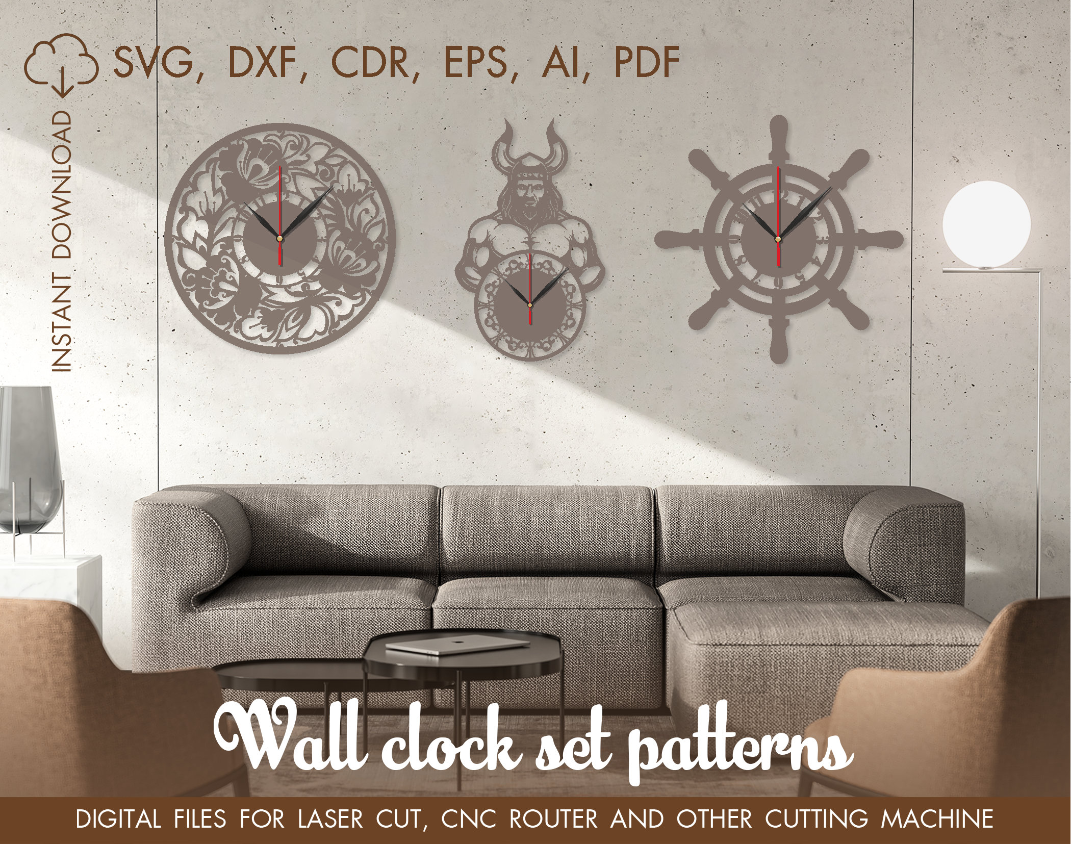 Set of 3 Wall Clocks Svg, Large Clock, Cutting Model, Clock Laser Cut ...