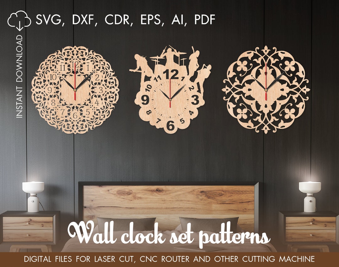 Set Clocks Laser Cut, Wood Wall Clock, Laser Cut Template, Cutting ...