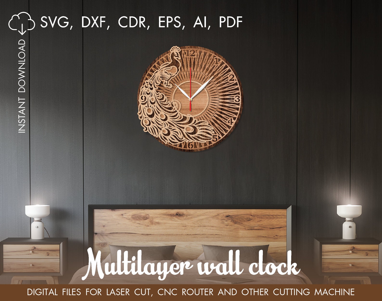 Peacock Wall Clock Dxf Large Clock Cutting Model Clock | Etsy