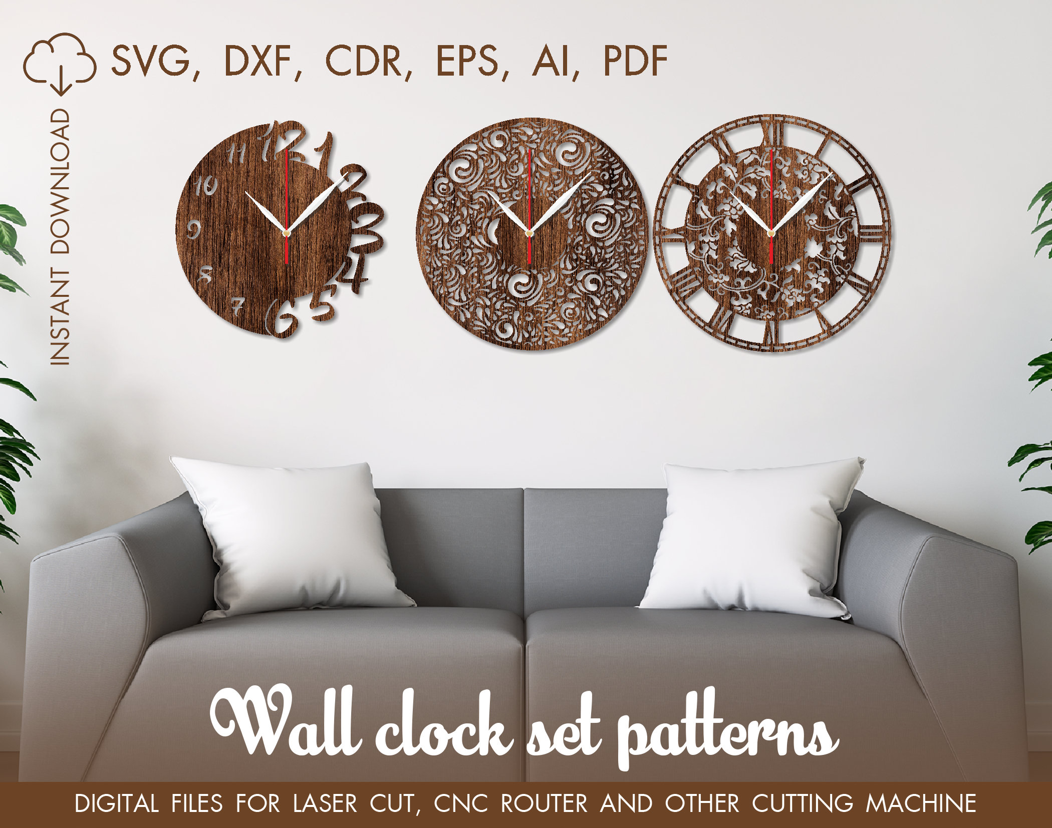 Set of 3 Wall Clocks Svg Large Clock Cutting Models Clock - Etsy