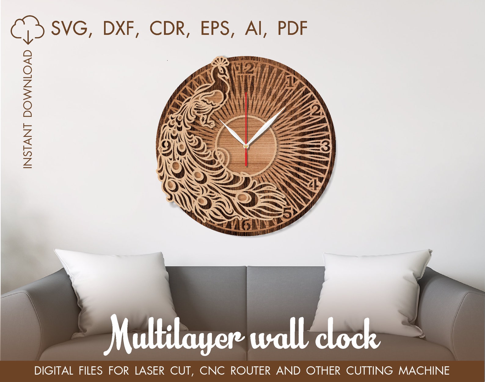 Peacock Wall Clock Dxf Large Clock Cutting Model Clock | Etsy