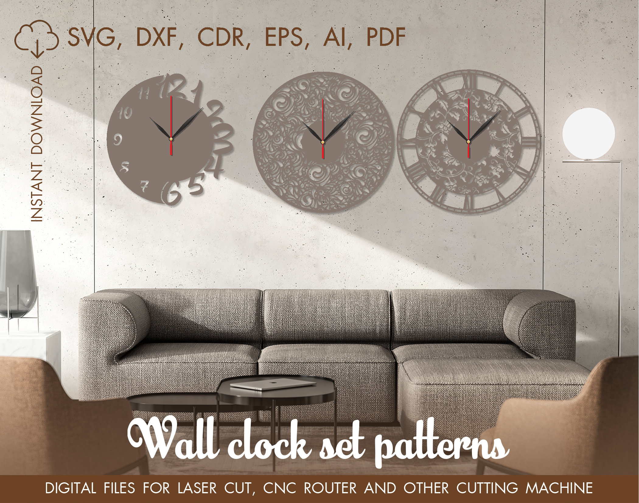 Set of 3 Wall Clocks Svg Large Clock Cutting Models Clock - Etsy