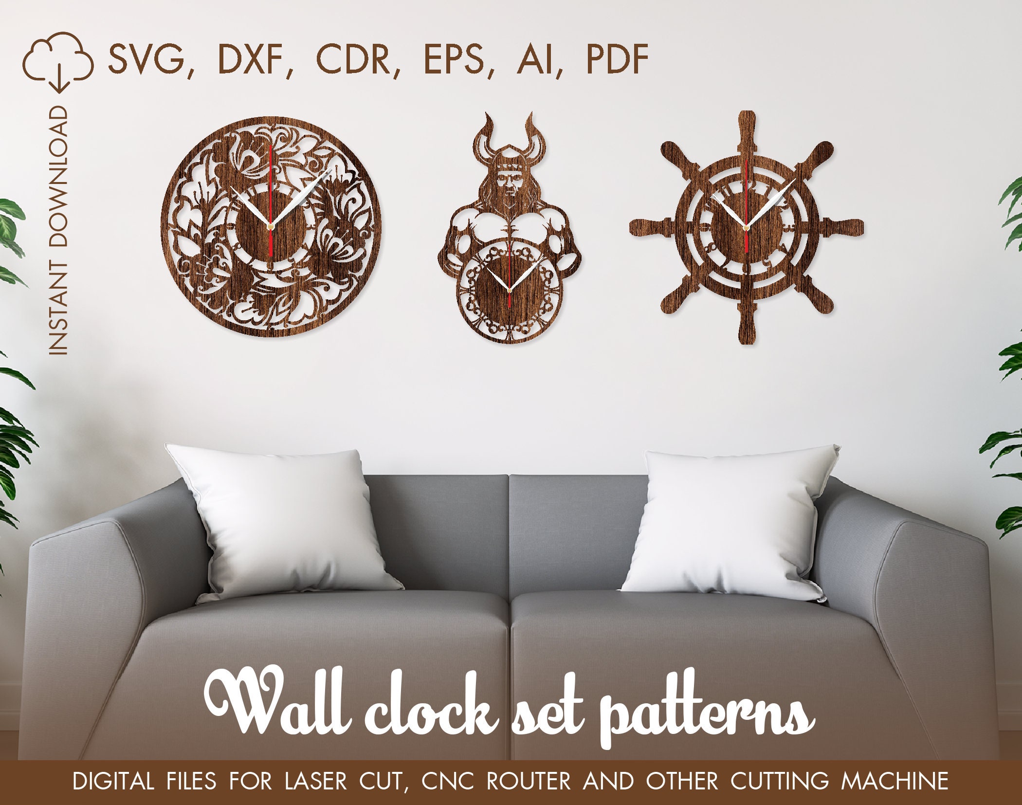 Set of 3 Wall Clocks Svg Large Clock Cutting Model Clock - Etsy