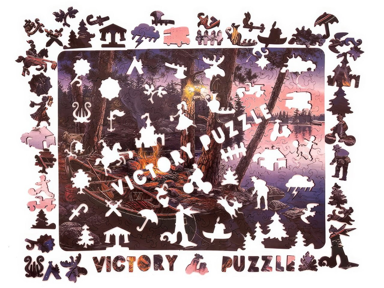 Art Wood Puzzle Nature Picture With Camping Forest Fire and Lake ...