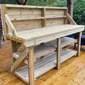 Indoor / Outdoor Wooden Workbench. Heavy Duty Work Table With Backboard ...