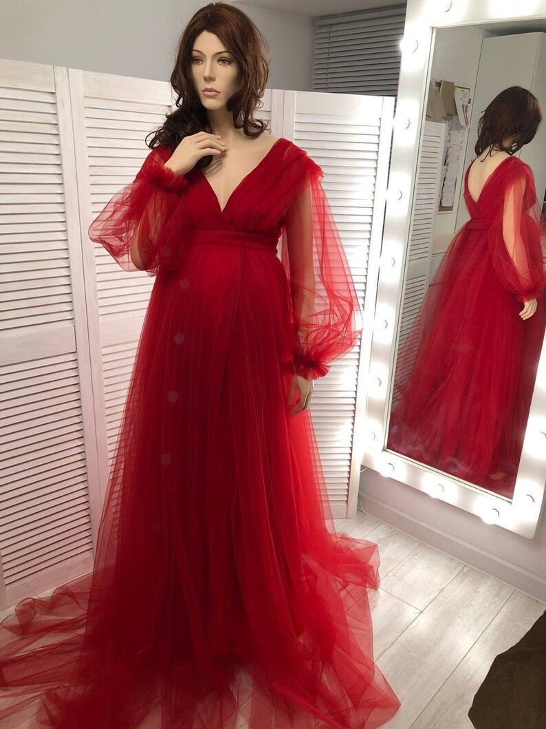 Red Maternity Dress: Open Front Tulle Gown, Long Sleeves - Etsy