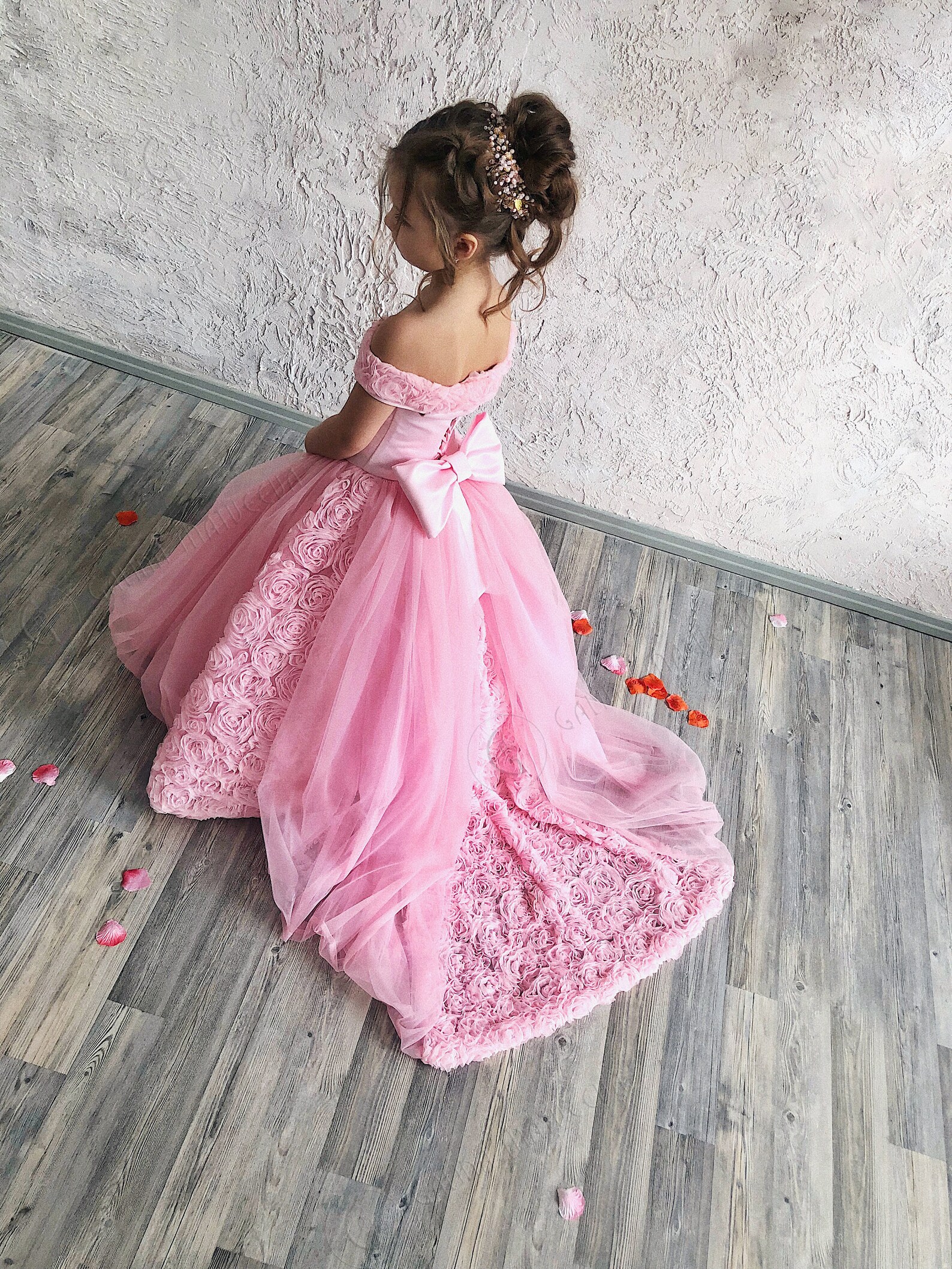 Pink Flower Girl Dress Long Train Open Shoulders Dress Birthday Wedding Party Bridesmaid Holiday
