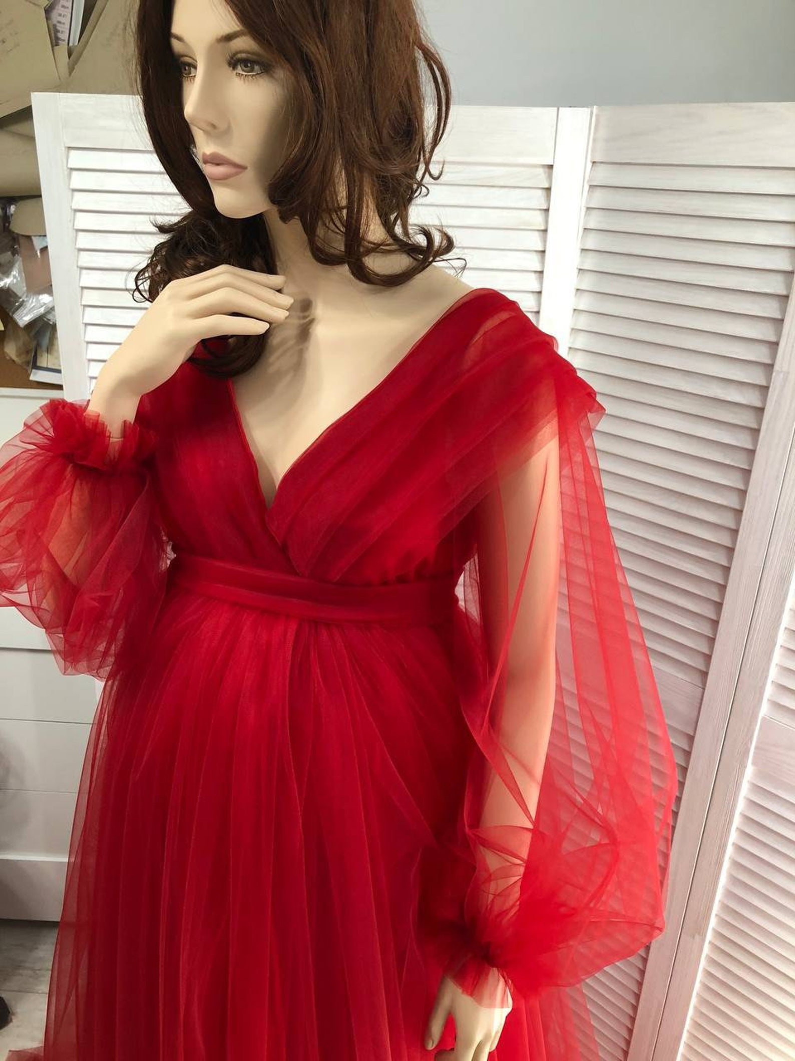 Red Maternity Dress: Open Front Tulle Gown, Long Sleeves - Etsy
