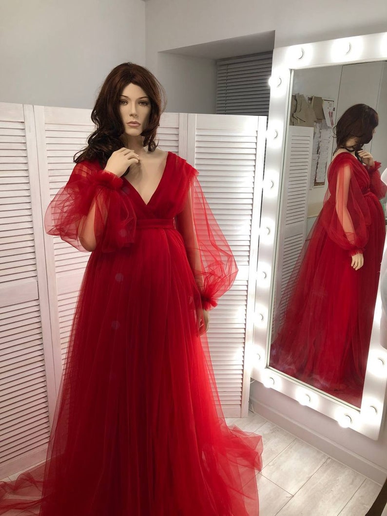 Red Maternity Dress: Open Front Tulle Gown, Long Sleeves - Etsy