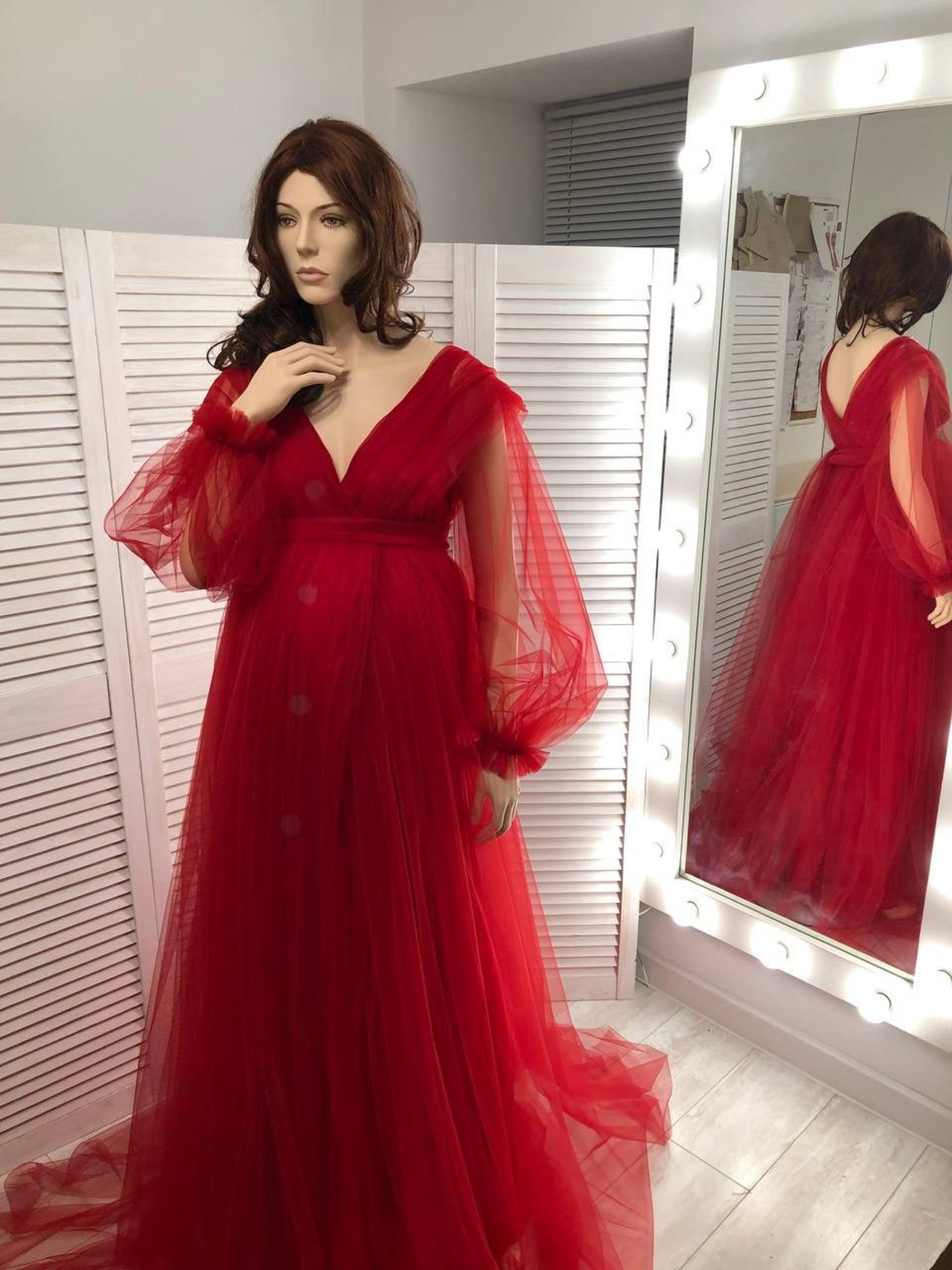 Red Maternity Dress: Open Front Tulle Gown, Long Sleeves - Etsy