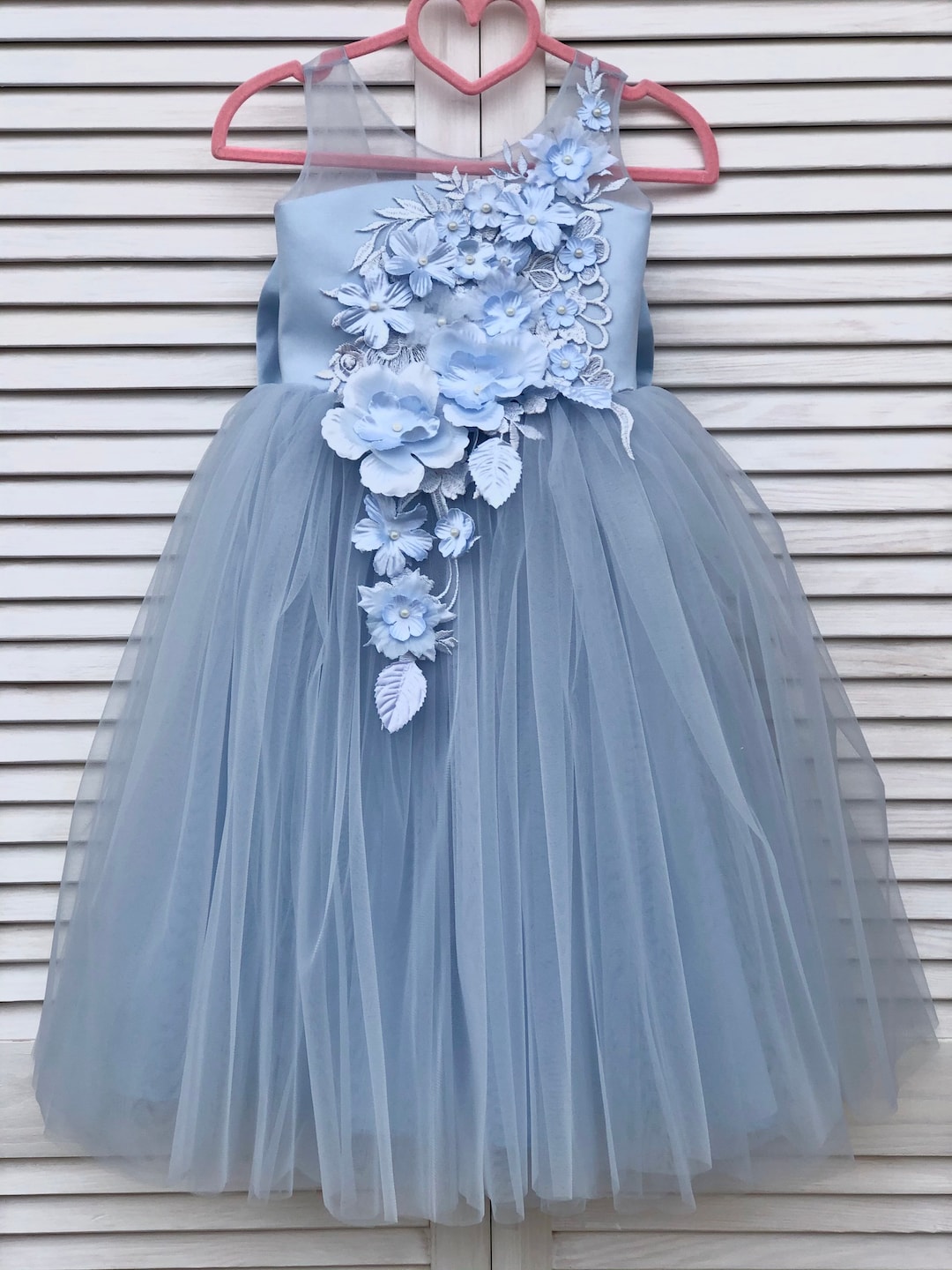 Dusty Blue Flower Girl Dress: 3D Floral Tulle Tutu, Big Bow - Etsy