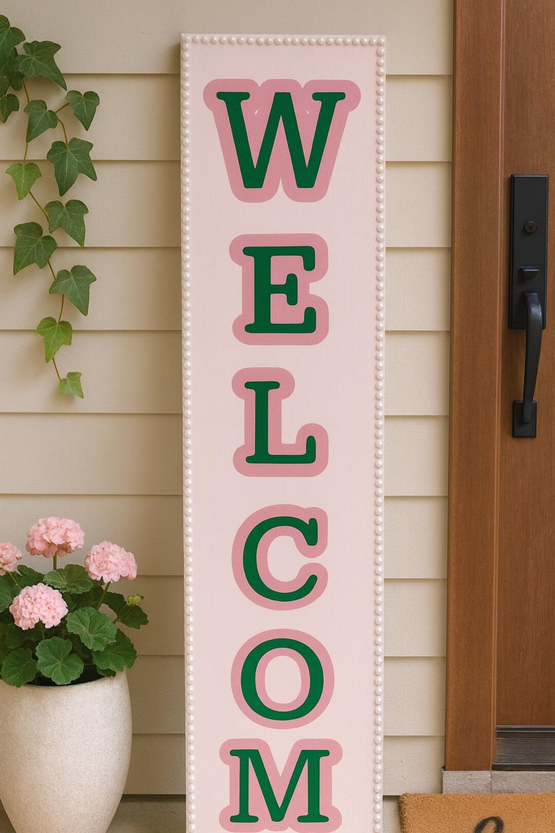48" Pink & Green Welcome Sign • Pearl Accent, Porch Decor - Etsy