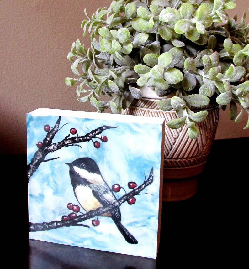 Waxed Miniature Chickadee Replica of Original Encaustic Painting on 4x4 ...