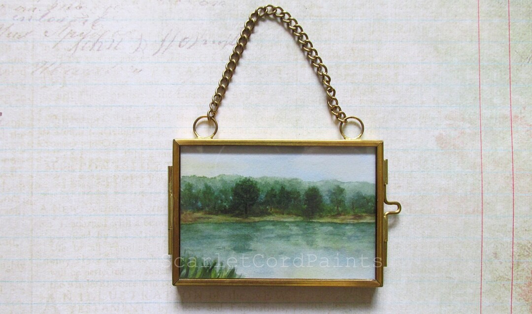 Gold Miniature Framed Landscape Print Ornament, 3x2 Glass and Brass ...