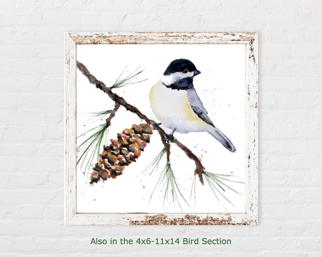 Watercolor Chickadee and Pinecone Square Print, Winter Bird Art Wall ...