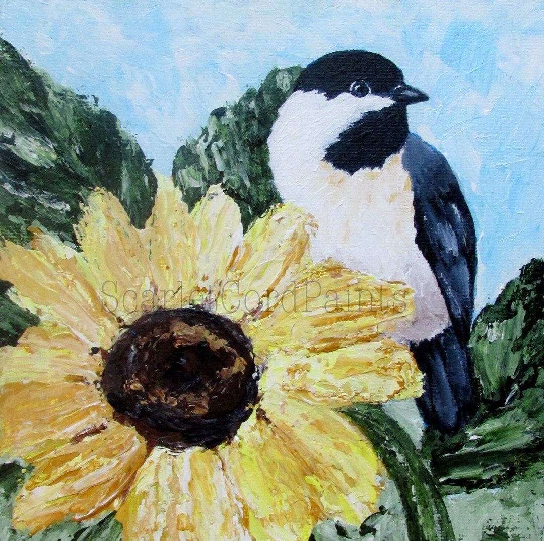 Chickadee and Sunflower Giclee Print, Square Bird Art, Square Format ...