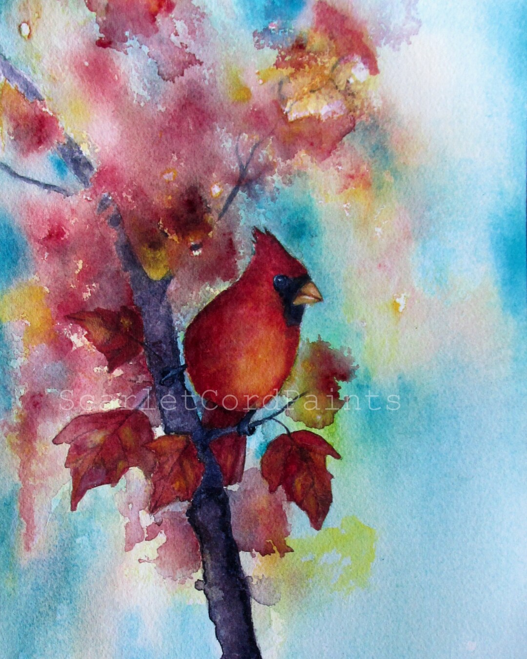 Cardinal in Fall Tree Watercolor Painting, 4x6, 5x7, 8x10, 11x14 Red ...