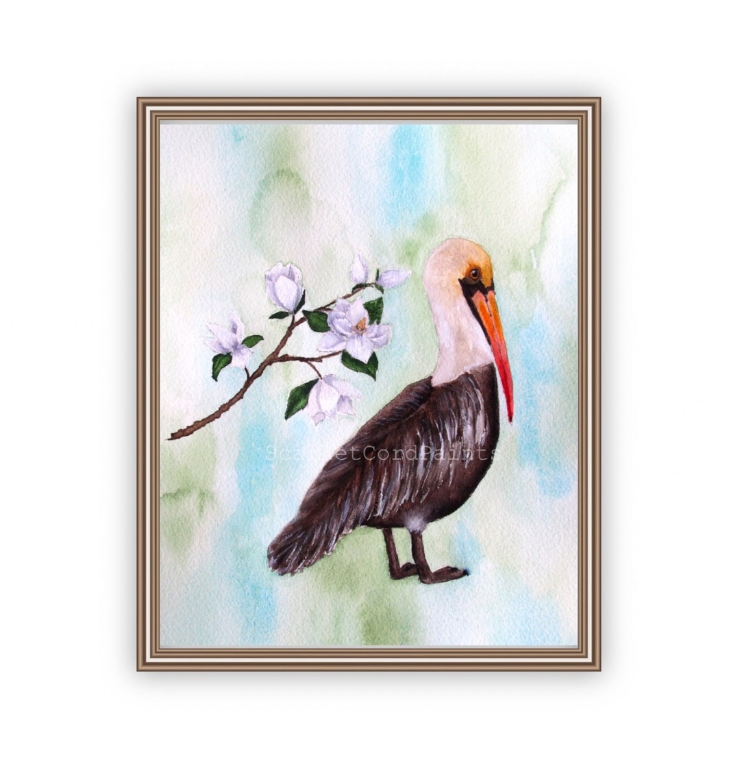 Watercolor Louisiana State Bird and State Flower Painting, Pelican ...