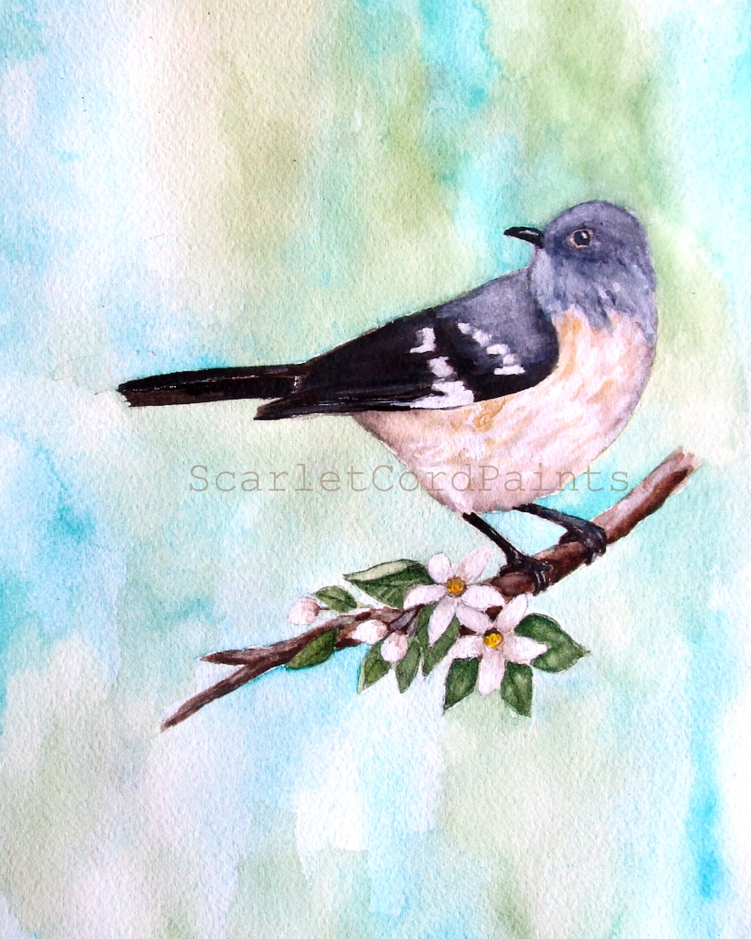 Florida State Bird and State Flower Watercolor Painting, Mockingbird ...