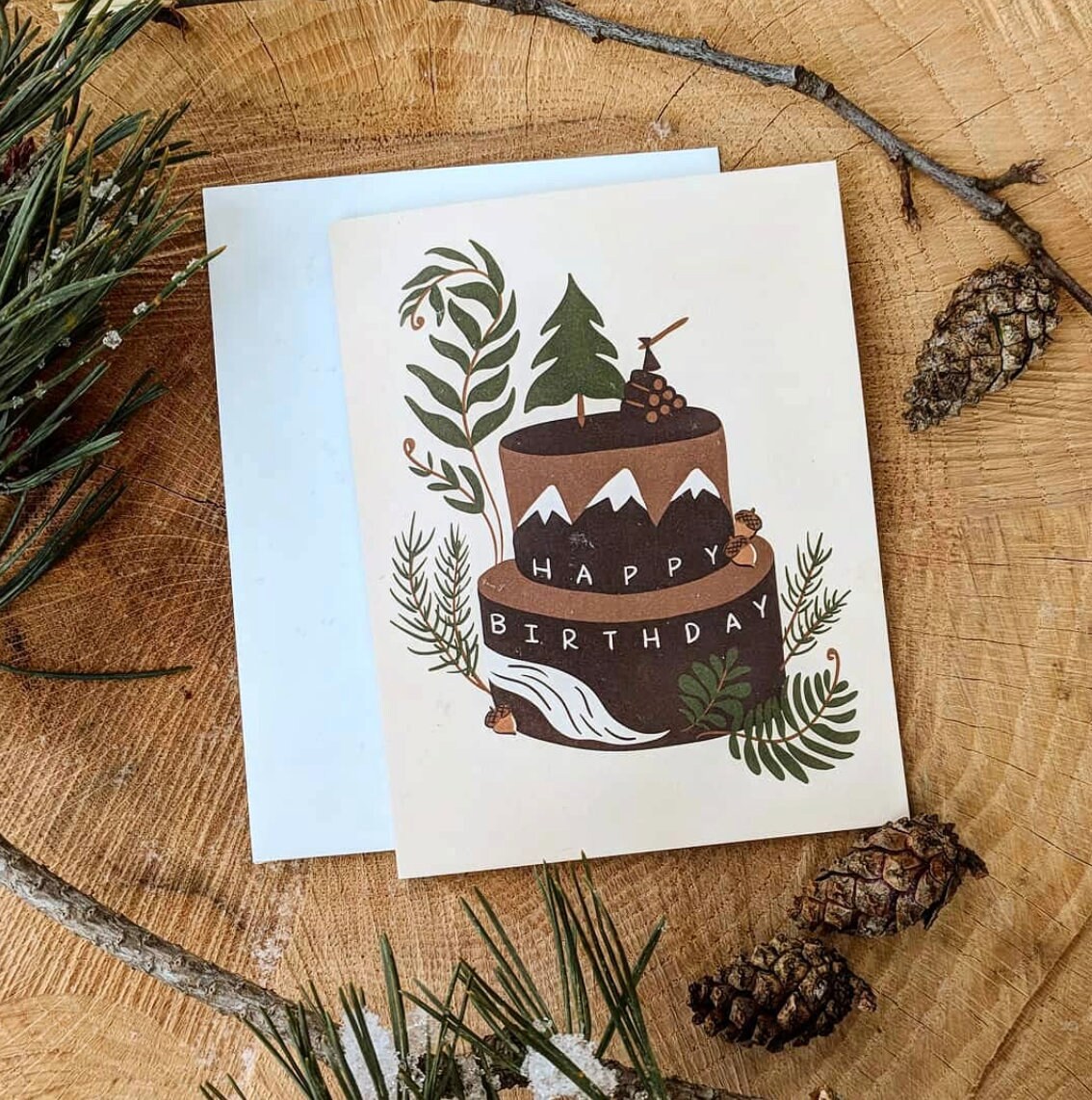 Greeting Card | Woodland Birthday // Nature Birthday Cake With Pine ...