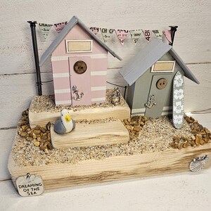 Soft Pink and Sage Green Wooden Beach Hut Scene With Seagull and ...