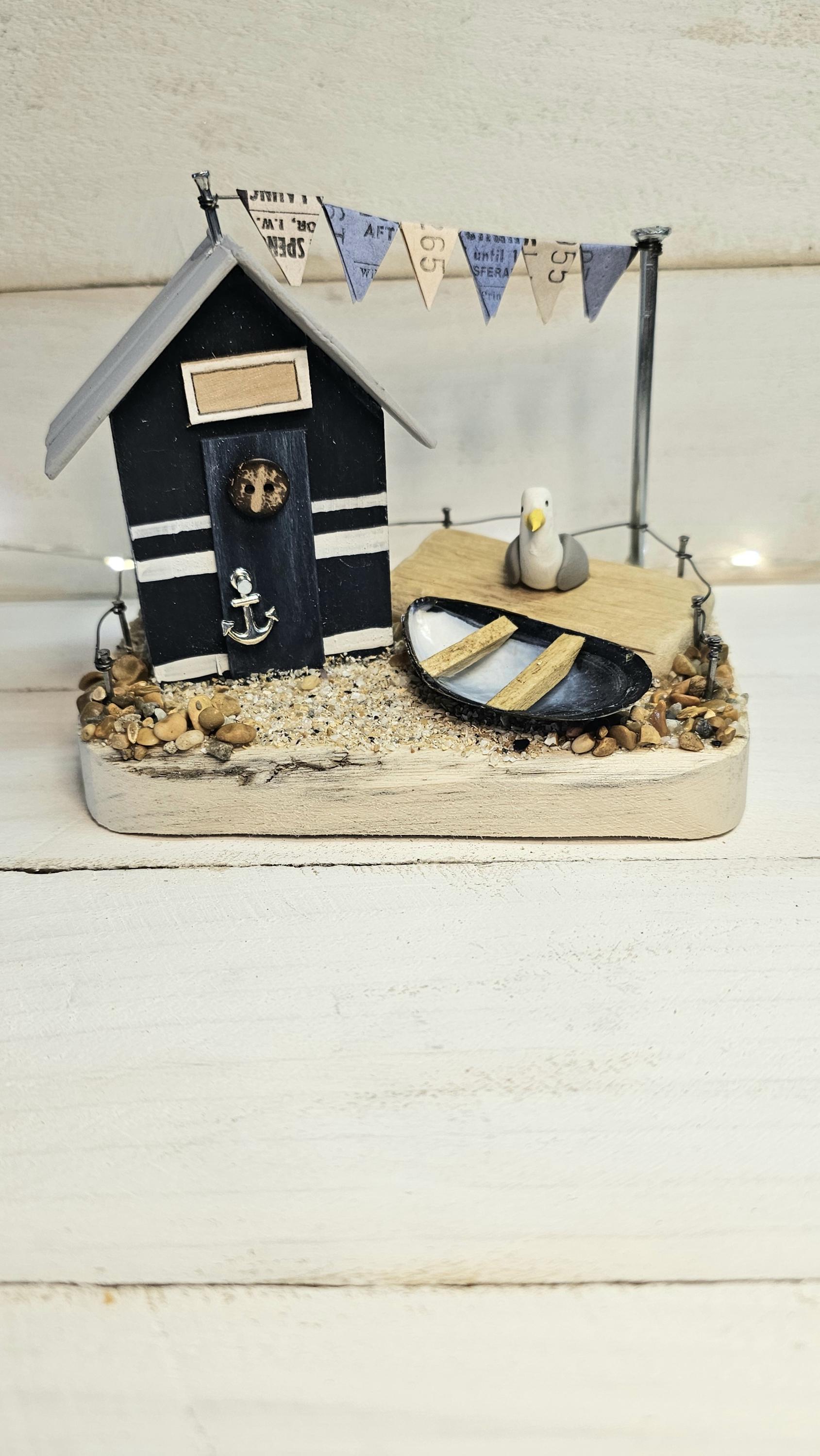 Navy Beach Hut Scene With Mussel Shell Boat, Seagull and Coloured ...