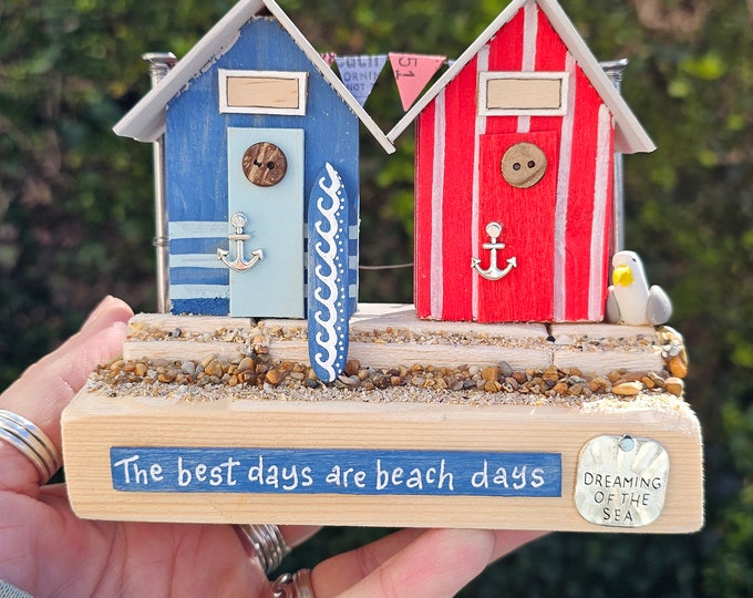 Coastal Beach Hut Scene: Seagull and Surfboard in Red, White and Blue ...