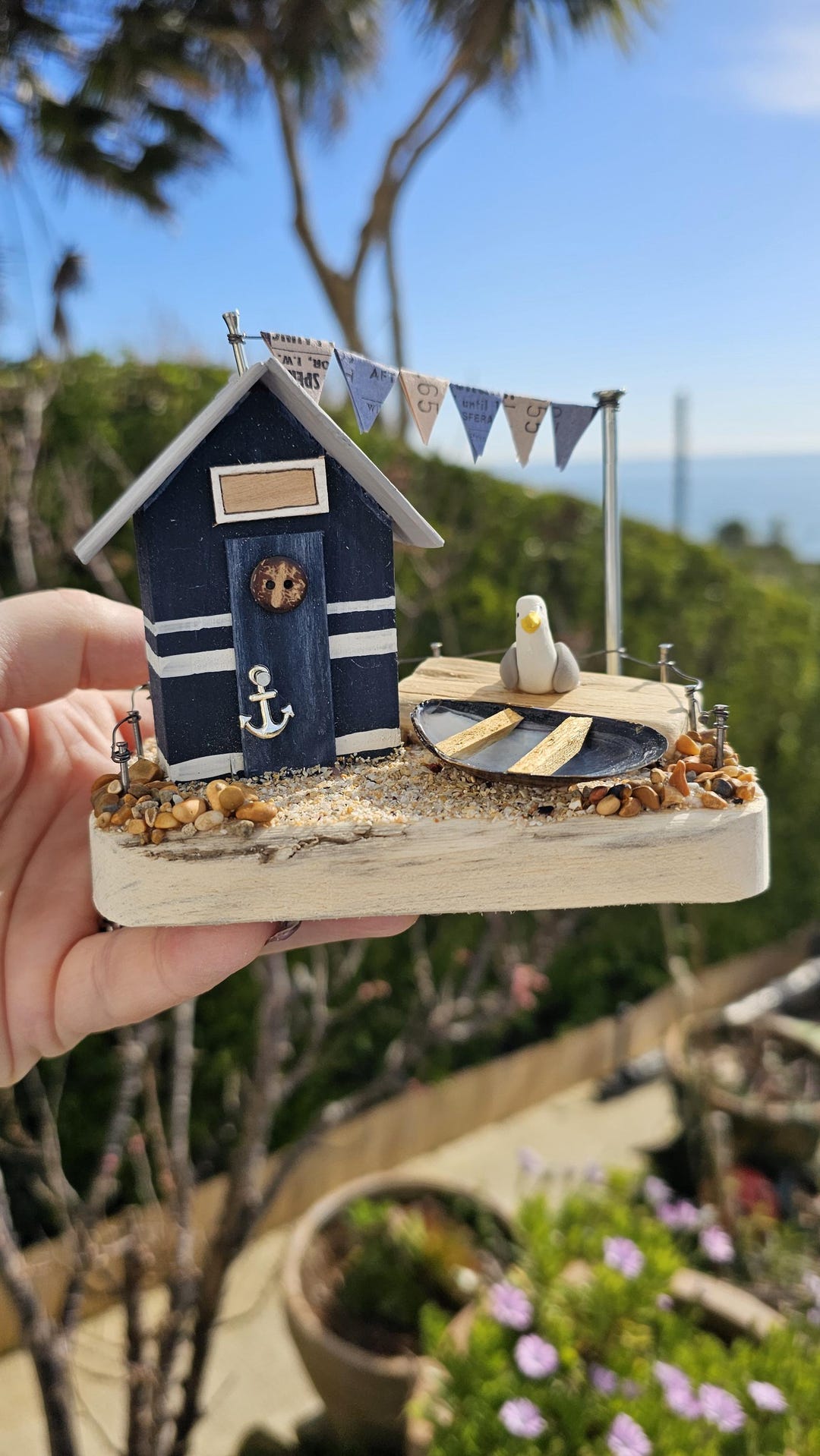 Navy Beach Hut Scene With Mussel Shell Boat, Seagull and Coloured ...