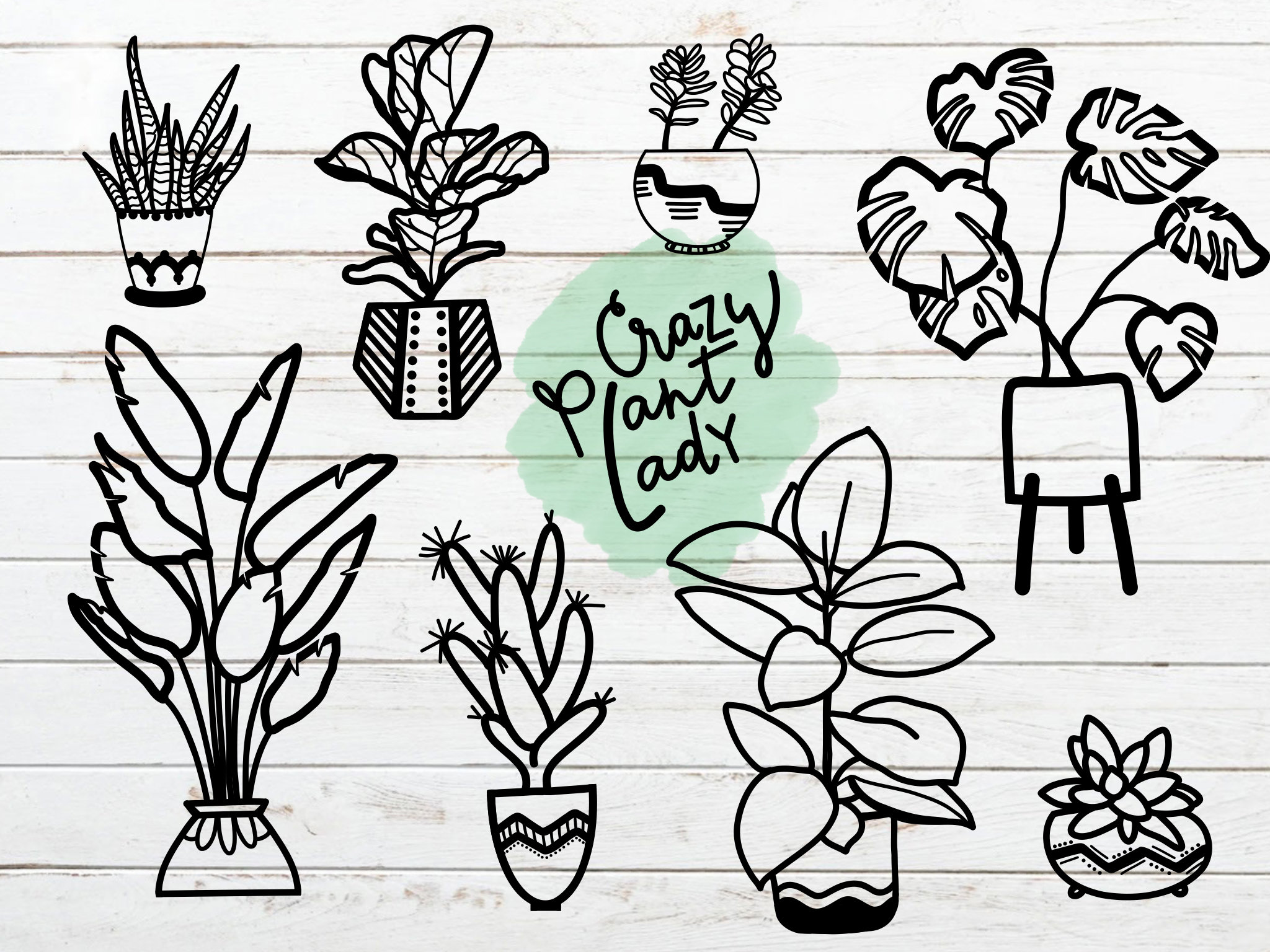 Cute Potted Plant SVG, Bundle of 8, Hand Drawn Clipart, Line Art ...