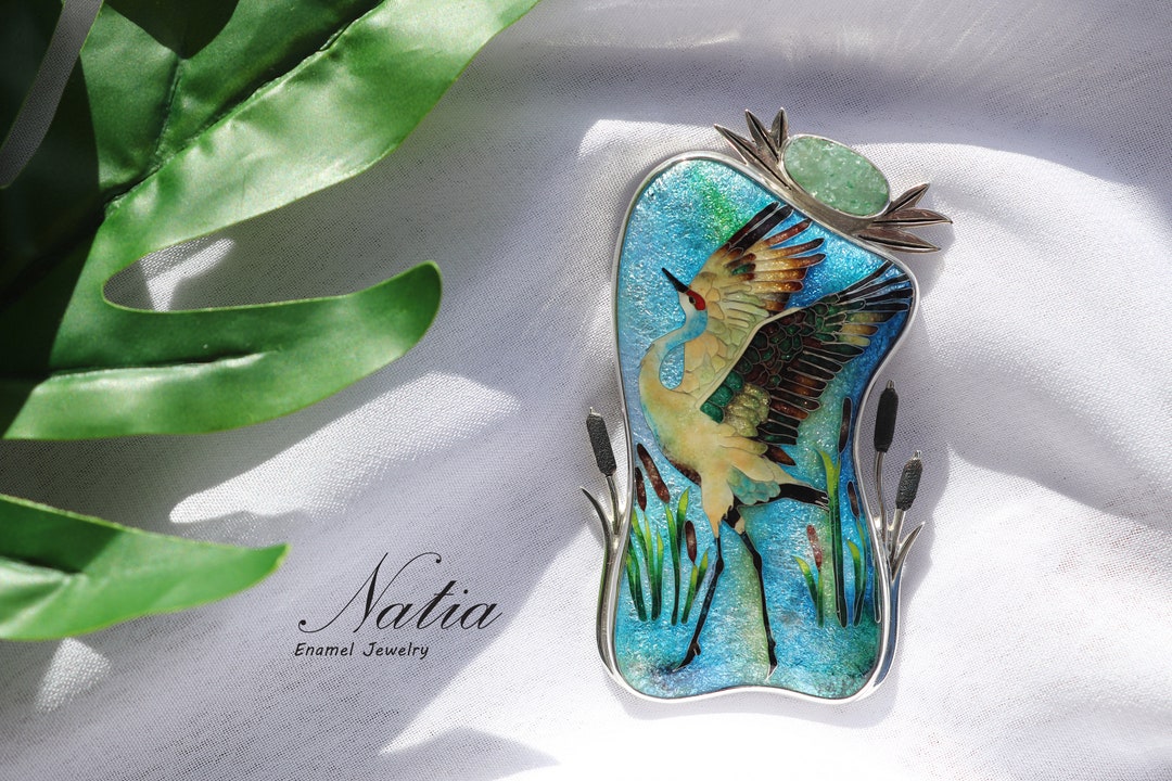 Crane Brooch-pendant / Fire Cloisonne Enamel Brooch-pendant / Wearable ...