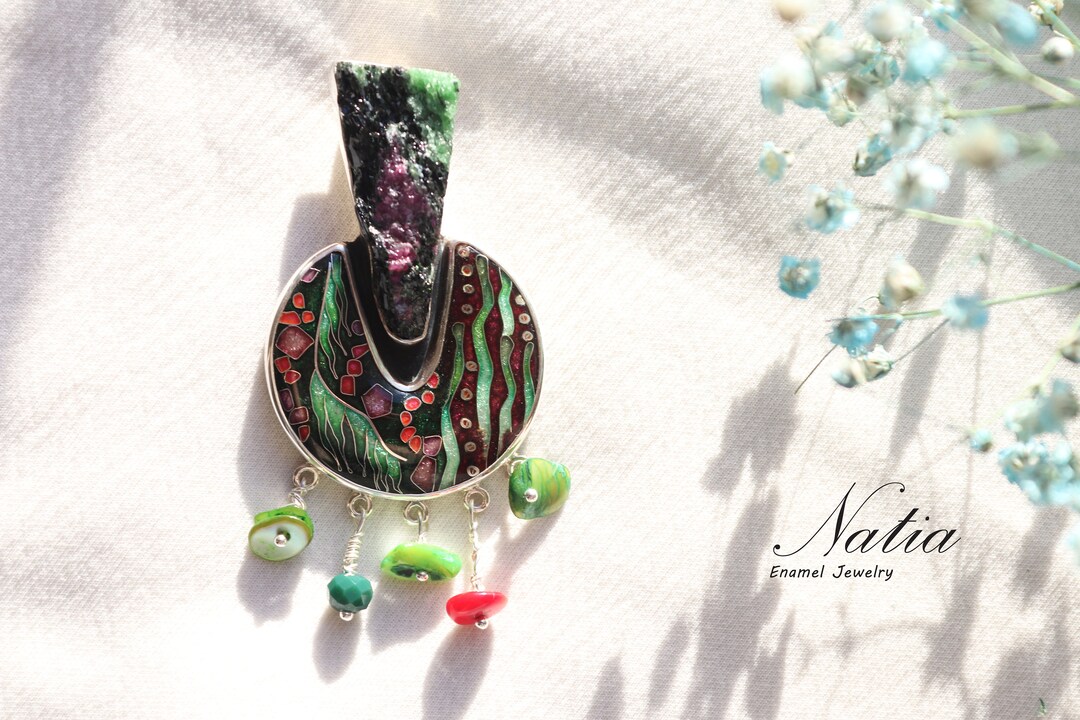 Abstraction With Stones / Fire Cloisonne Enamel Pendant / Wearable Art ...