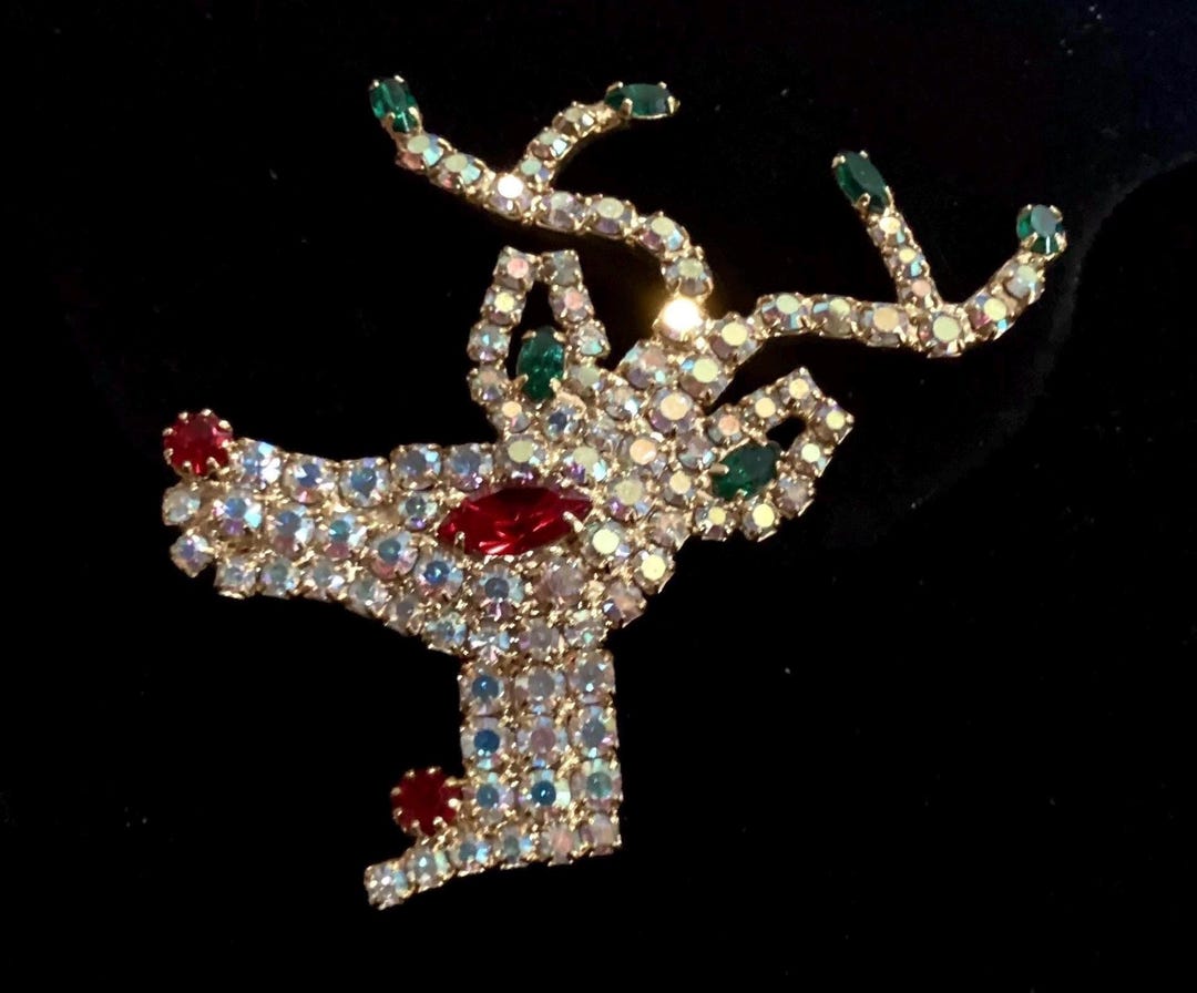 Vintage Rhinestone Christmas Reindeer/rudolph Pin/brooch - Etsy