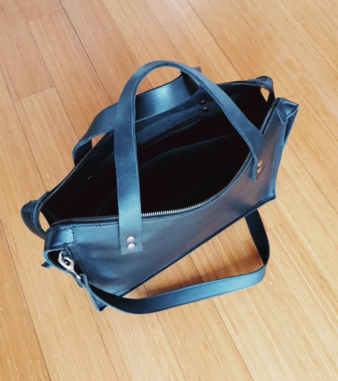 Black Leather Briefcase, Laptop Bag With Additional Long Strap - Etsy