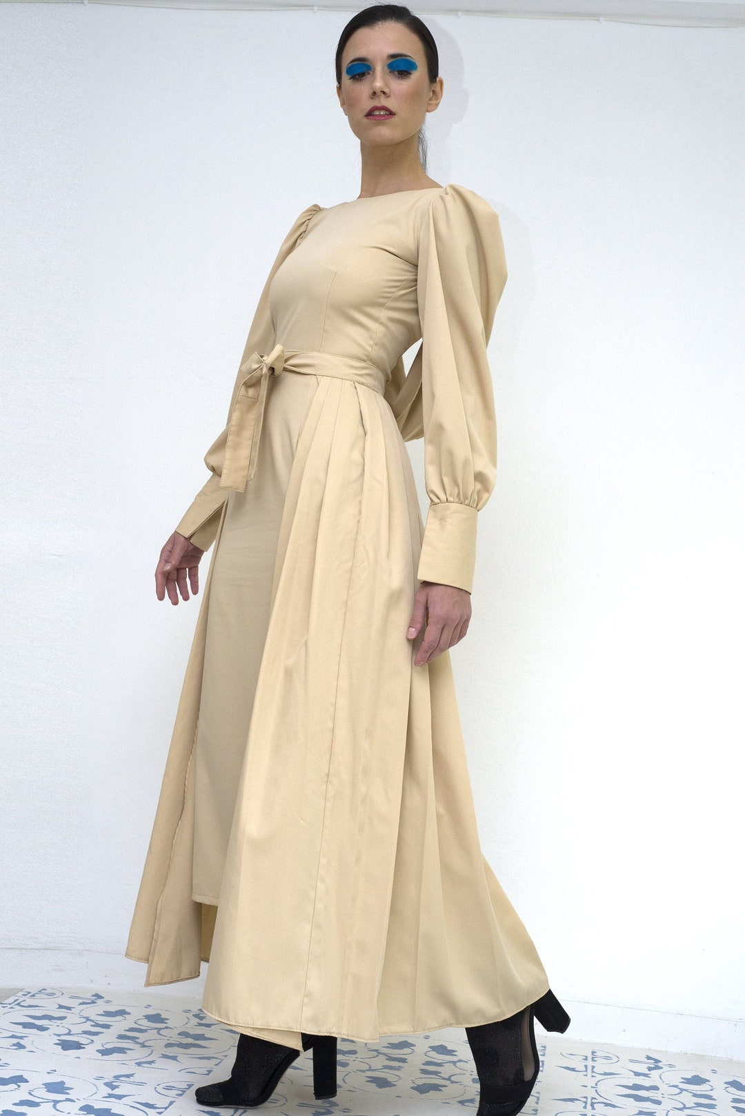 Elegant Vintage Inspired Dress With Pleated Overskirt | Draped Back ...