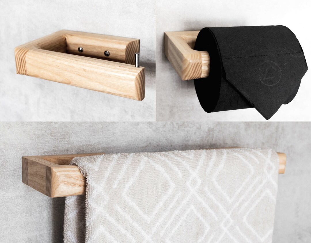 Ash Toilet Roll Holder Towel Rail Rack Set Wooden Design - Etsy