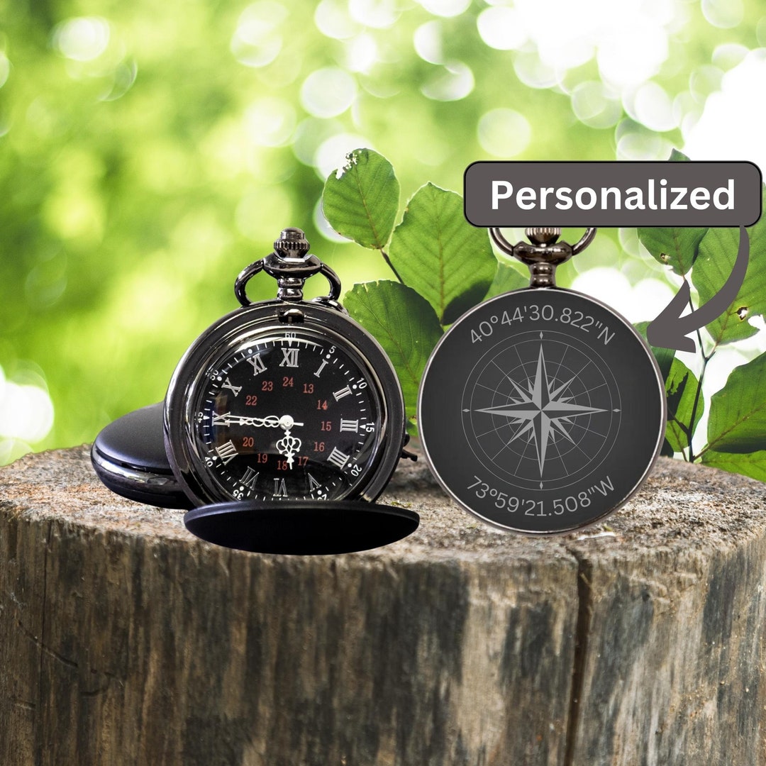 Custom Engraved Compass Pocket Watch Personalized Nautical Men's Gift ...