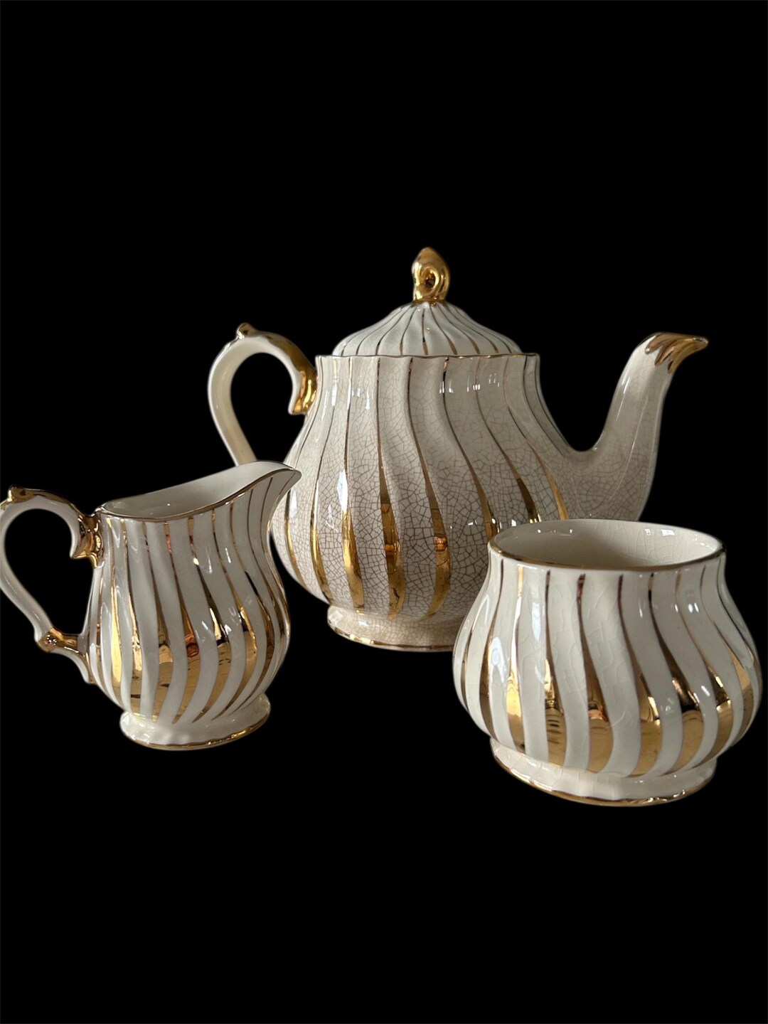 Vintage James Sadler Tea Set – 1940s Ivory & Gold Swirl Teapot, Creamer ...