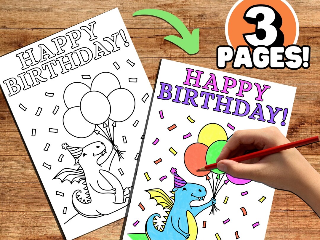 Dragon Birthday Coloring Pages Happy Birthday Fun Activity for Kids - Etsy