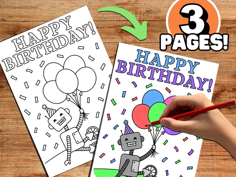 Robot Birthday Coloring Pages Happy Birthday Fun Activity for Kids - Etsy
