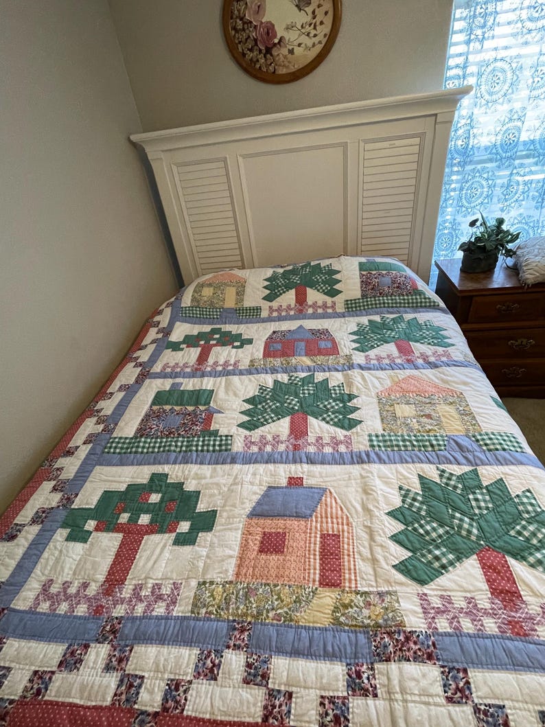 Vintage Arch Quilt Hand Stitched 80x82” Patchwork Spring Houses and ...